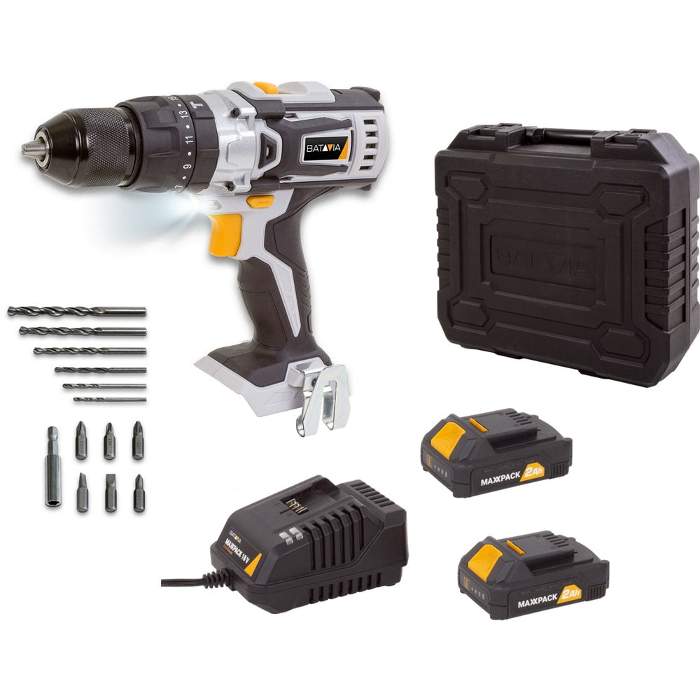 18V Combi Drill Set with 2 Batteries & Case - Batavia